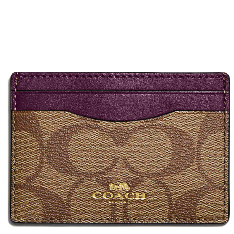 COACH CARD CASE IN SIGNATURE CANVAS IM/KHAKI/BOYSENBERRY 63279 ...