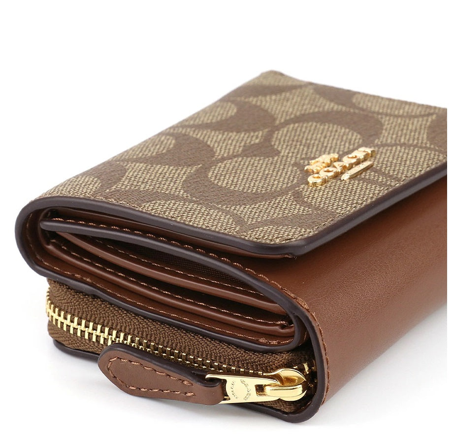 COACH SMALL TRIFOLD WALLET IN SIGNATURE CANVAS KHAKI SADDLE 7331 BROWN ...